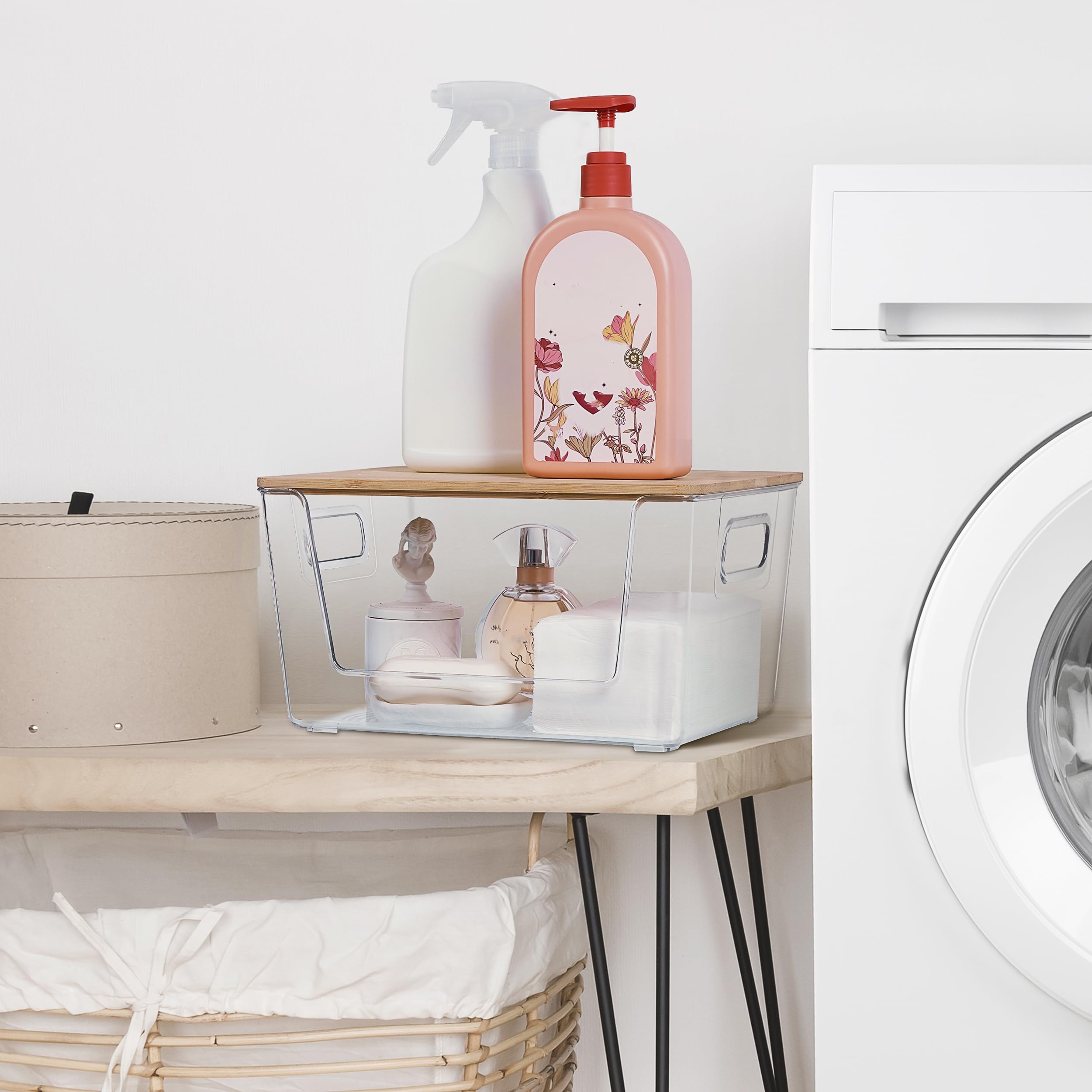 Citylife 2 PCS Small Stackable Storage with Bamboo Top Acrylic Trash Bag Dispenser Open Laundry Room Organizer with Handle