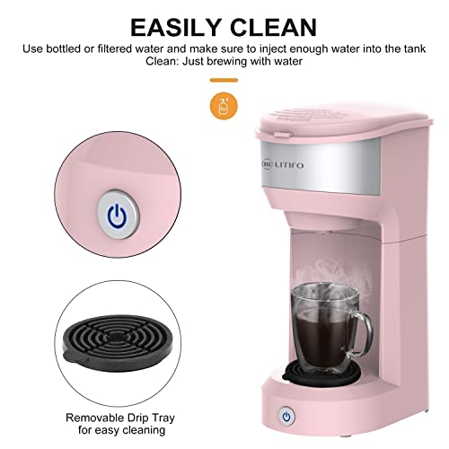 LITIFO Single Serve Coffee Maker for Ground coffee, Tea & K Cup Pod, 2-In-1 Small Coffee Machine with 6 to 14oz Reservoir, One-Button Fast Brew, Auto Shut-off & Self Cleaning Function (Pink)