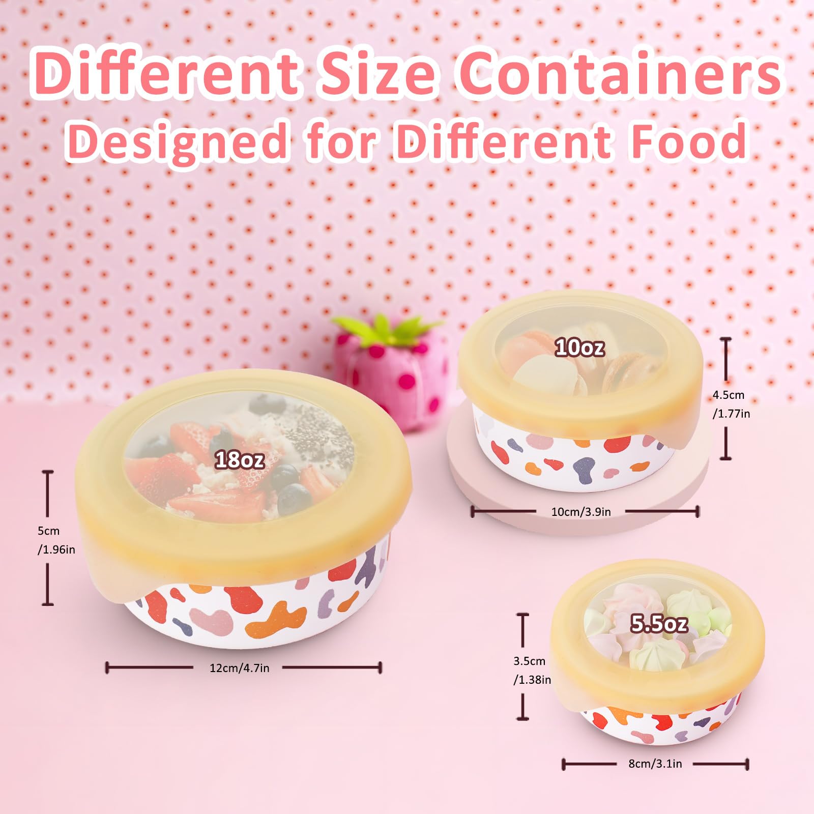 Yawbay Stainless Steel Snack Containers with Silicone Lids, Stackable Easy Open Leak Proof Snack Food Containers Metal Lunch Boxes for Office, Home, School and Travel (18oz/10oz/5.5oz)
