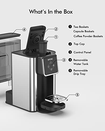 SIFENE Single Serve Coffee Machine, 3 in 1 Pod Coffee Maker For Single Serve Capsule pod, Ground Coffee Brewer, Leaf Tea Maker, 6 to 10 Ounce Cup, Removable 50 Oz Water Reservoir