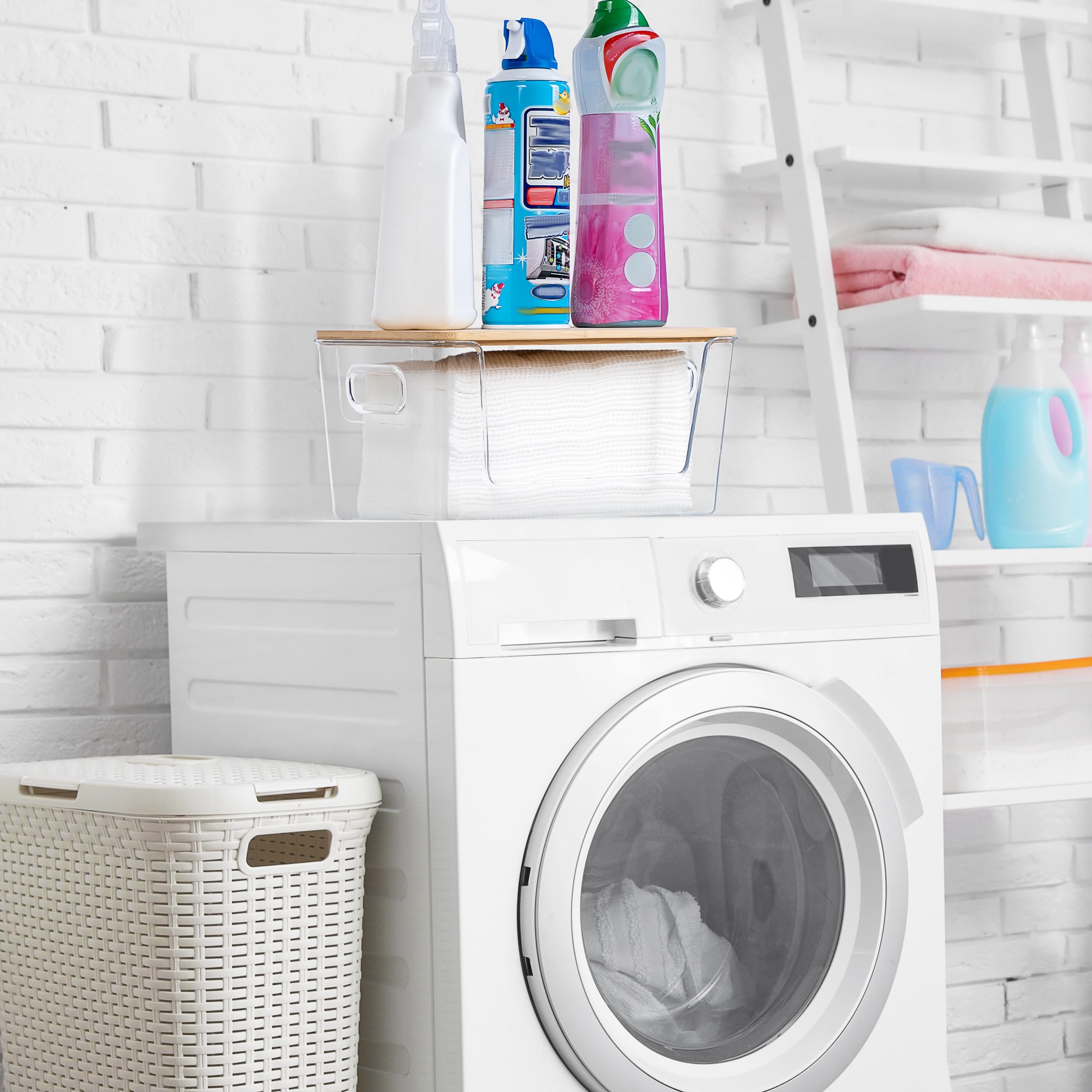 Citylife 2 PCS Small Stackable Storage with Bamboo Top Acrylic Trash Bag Dispenser Open Laundry Room Organizer with Handle