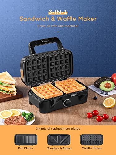 HOUSNAT 3 in 1 Sandwich Maker, Waffle Maker with Removable Plates, 1200W Panini Press with Interchangeable Non-Stick Plates, Indicator Lights, 5-gear Temperature Control, Silver/Black