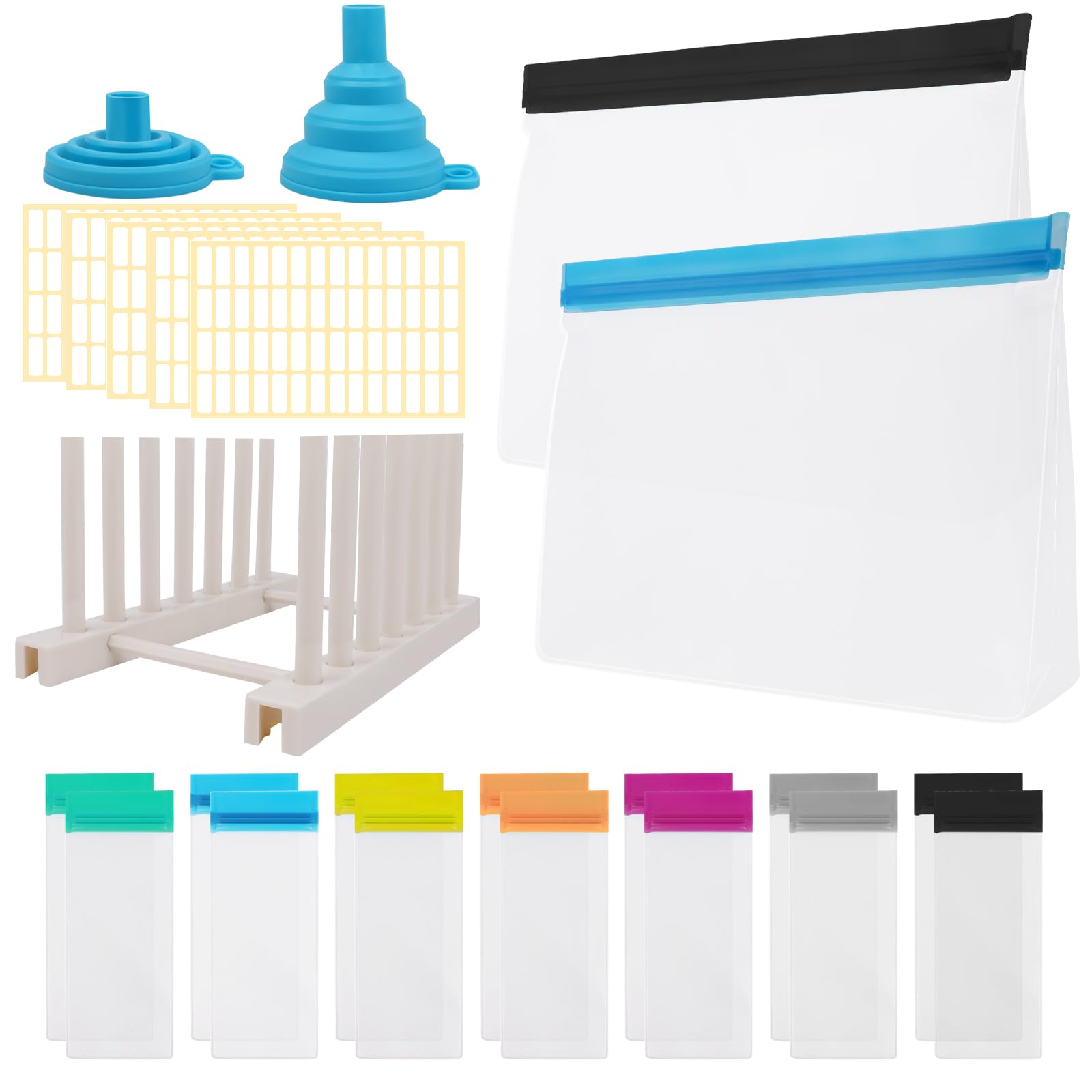 24pcs Protein Powder Travel Container Set, Reusable Powder Supplement Container To Go-14 Single Dose Bags, 2pc Large Travel Containers Zip Up Bags, 5pcs Label Stickers, 2pcs Funnels and Drying Rack