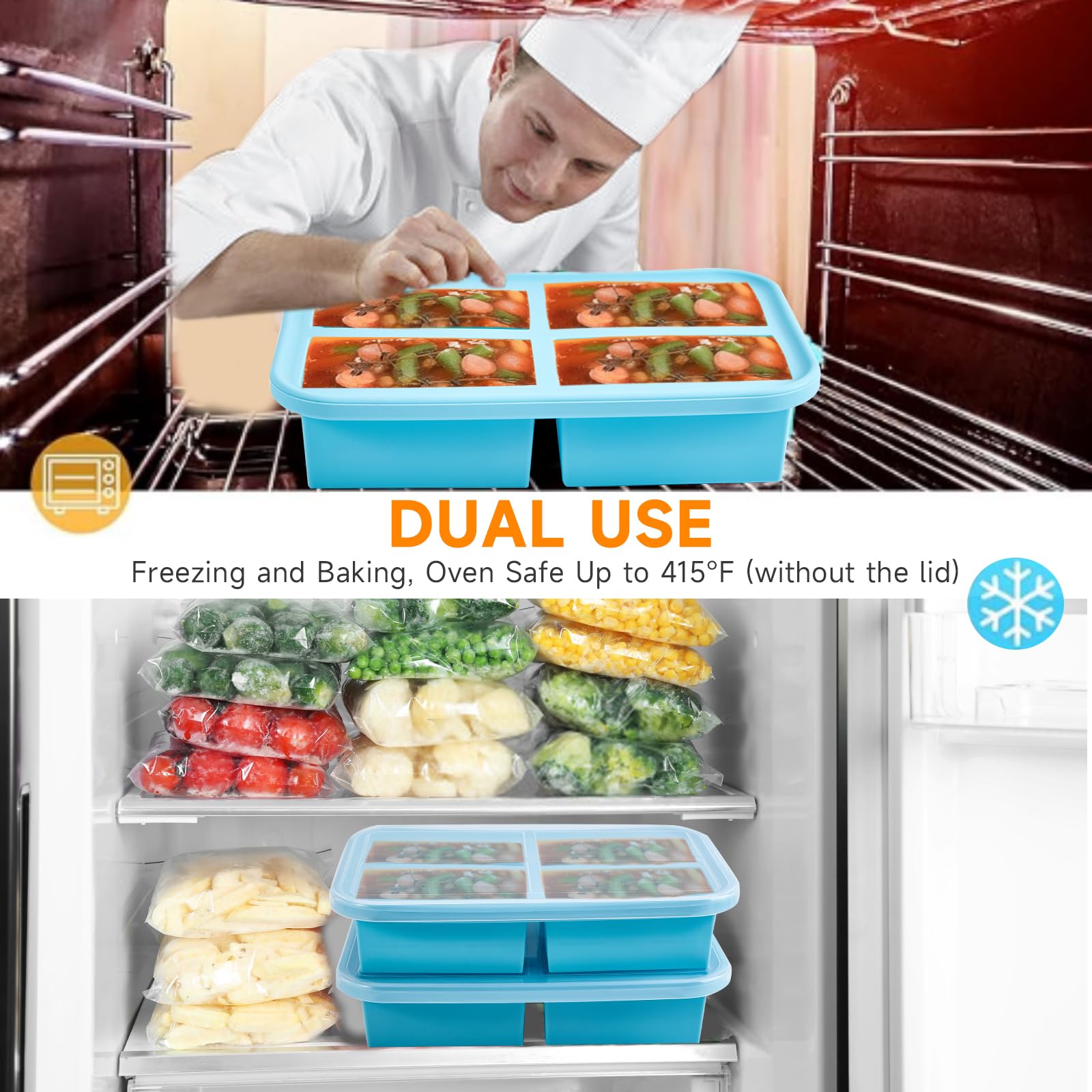 Silicone Freezer Trays with Lid, 1 Cup Soup Freezer Containers - 2 Pack, Silicone Soup Freezer Molds - Large Ice Cube Tray, Freeze and Store Soup, Broth, Sauce, Leftovers - Makes 8 Perfect 1 Cup