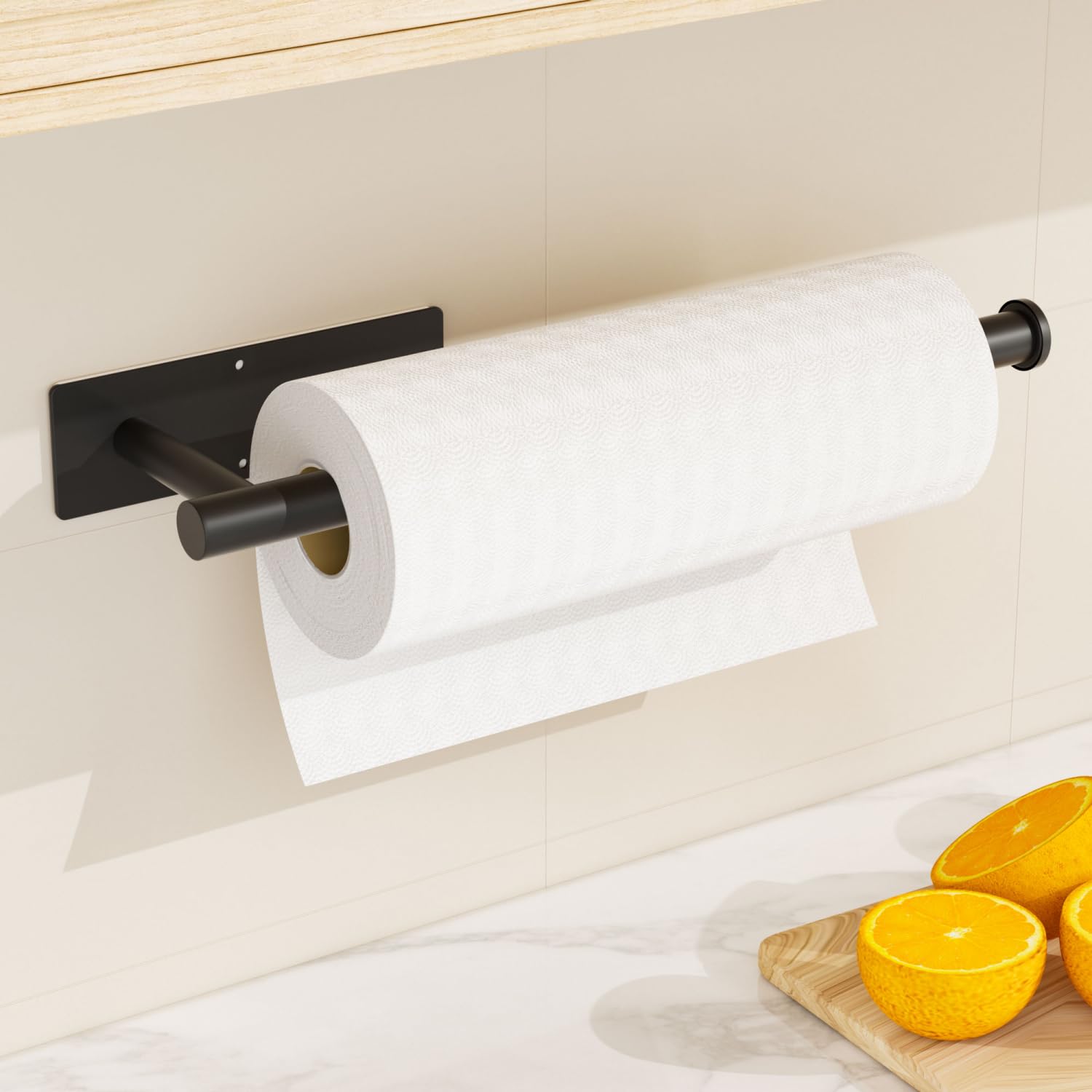 Paper Towel Holder Under Cabinet - 1 Pack Matte Black, Self-Adhesive or Drilling Mount, Sturdy Stainless Steel Space-Saving Rack for Kitchen, Bathroom, RV, Rental-Friendly Design