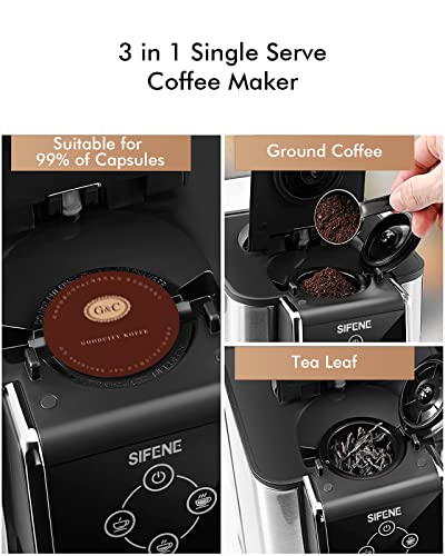 SIFENE Single Serve Coffee Machine, 3 in 1 Pod Coffee Maker For Single Serve Capsule pod, Ground Coffee Brewer, Leaf Tea Maker, 6 to 10 Ounce Cup, Removable 50 Oz Water Reservoir