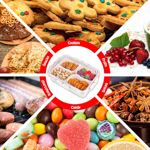 Divided Serving Tray with Lid, 4 Compartments Snackle Box Container, Small Snack Organizer for Adults/Kids, Portable Candy/Fruits/Veggie/Snacks/Nuts Platters for Party, Entertaining, Travel & Picnic