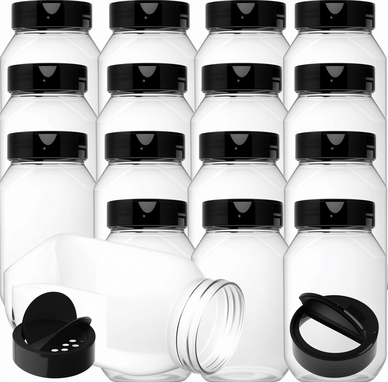 ZILAMGOO Dicunoy 16-Pack 17oz Plastic Spice Containers with Shaker Lids - Reusable Airtight Food Storage Jars for Spices, Powder, Bulk Pantry Organization (Clear PET, 500ml)