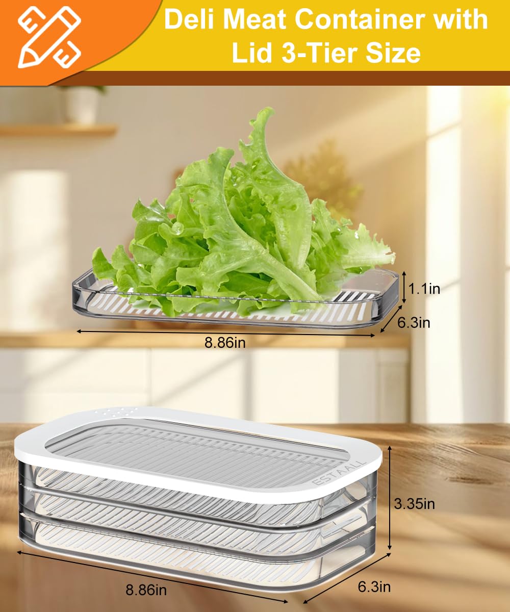 Deli Meat Container for Fridge,Bacon Lunch Meat Container for Refrigerator Stackable 3 Layers Food Storage Boxes with Lid for ColdCuts, Salami, Deli, Meal Prep Containers，BPA Free，18.60z，3Pack