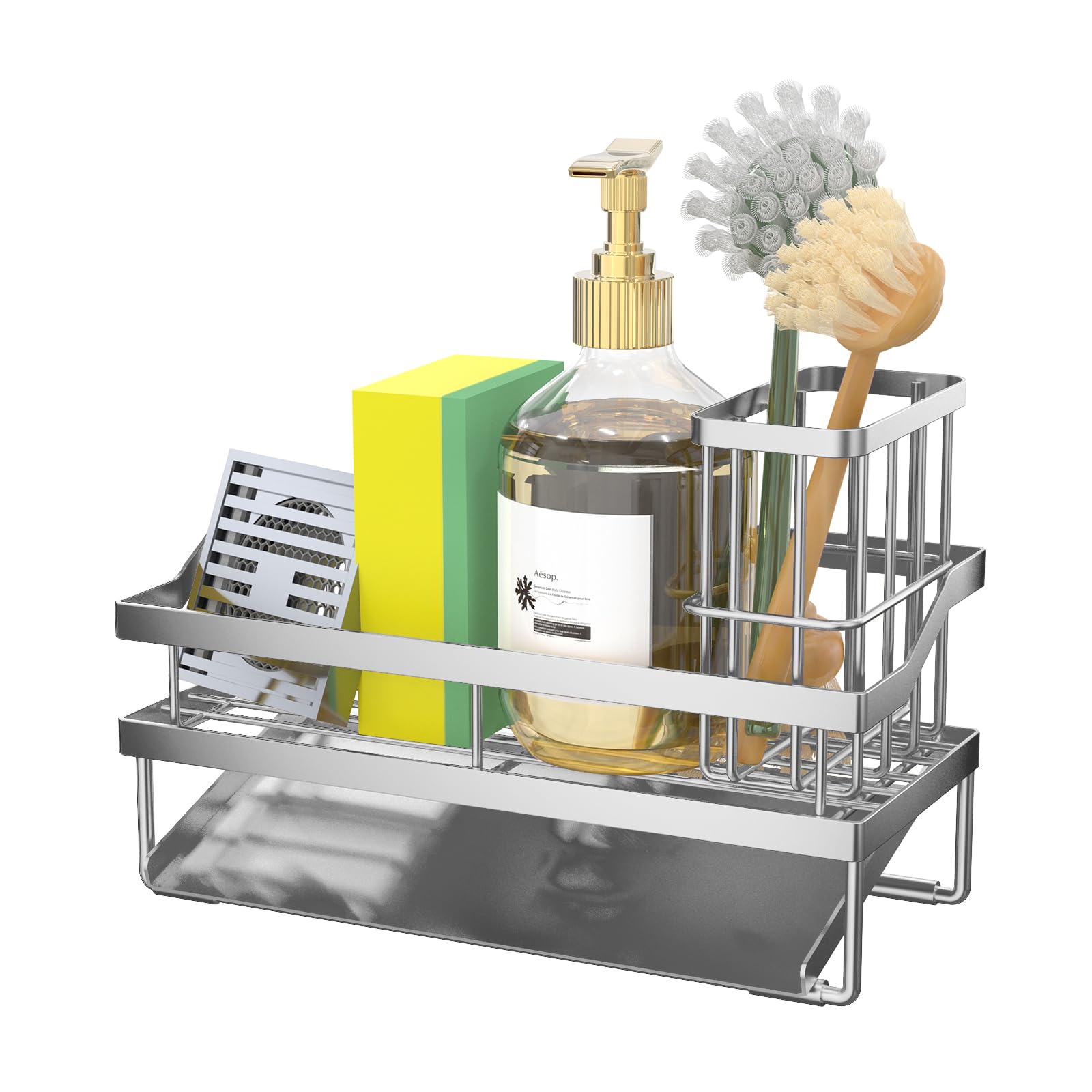 Youfala Kitchen Sink Caddy Sponge Holder for Kitchen Sink, Kitchen Sink Organzier and Storage with High Brush Holder, Rustproof 304 Stainless Kitchen Gadgets Dish Sponge Organizer (Lacquer Silver)