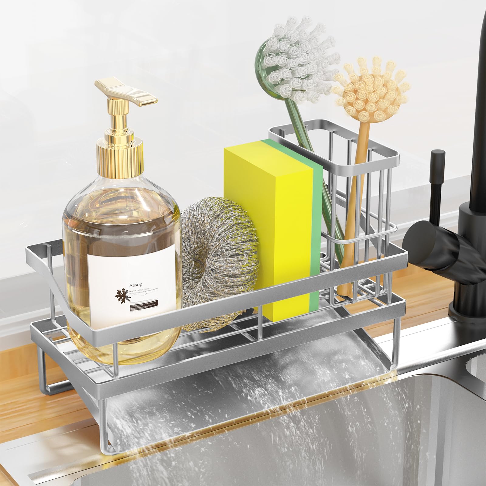 Youfala Kitchen Sink Caddy Sponge Holder for Kitchen Sink, Kitchen Sink Organzier and Storage with High Brush Holder, Rustproof 304 Stainless Kitchen Gadgets Dish Sponge Organizer (Lacquer Silver)
