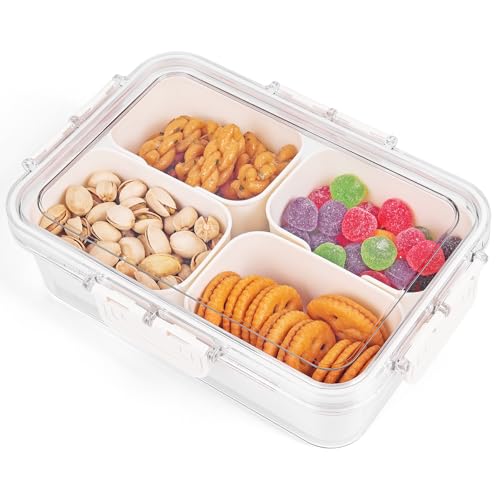 Divided Serving Tray with Lid, 4 Compartments Snackle Box Container, Small Snack Organizer for Adults/Kids, Portable Candy/Fruits/Veggie/Snacks/Nuts Platters for Party, Entertaining, Travel & Picnic