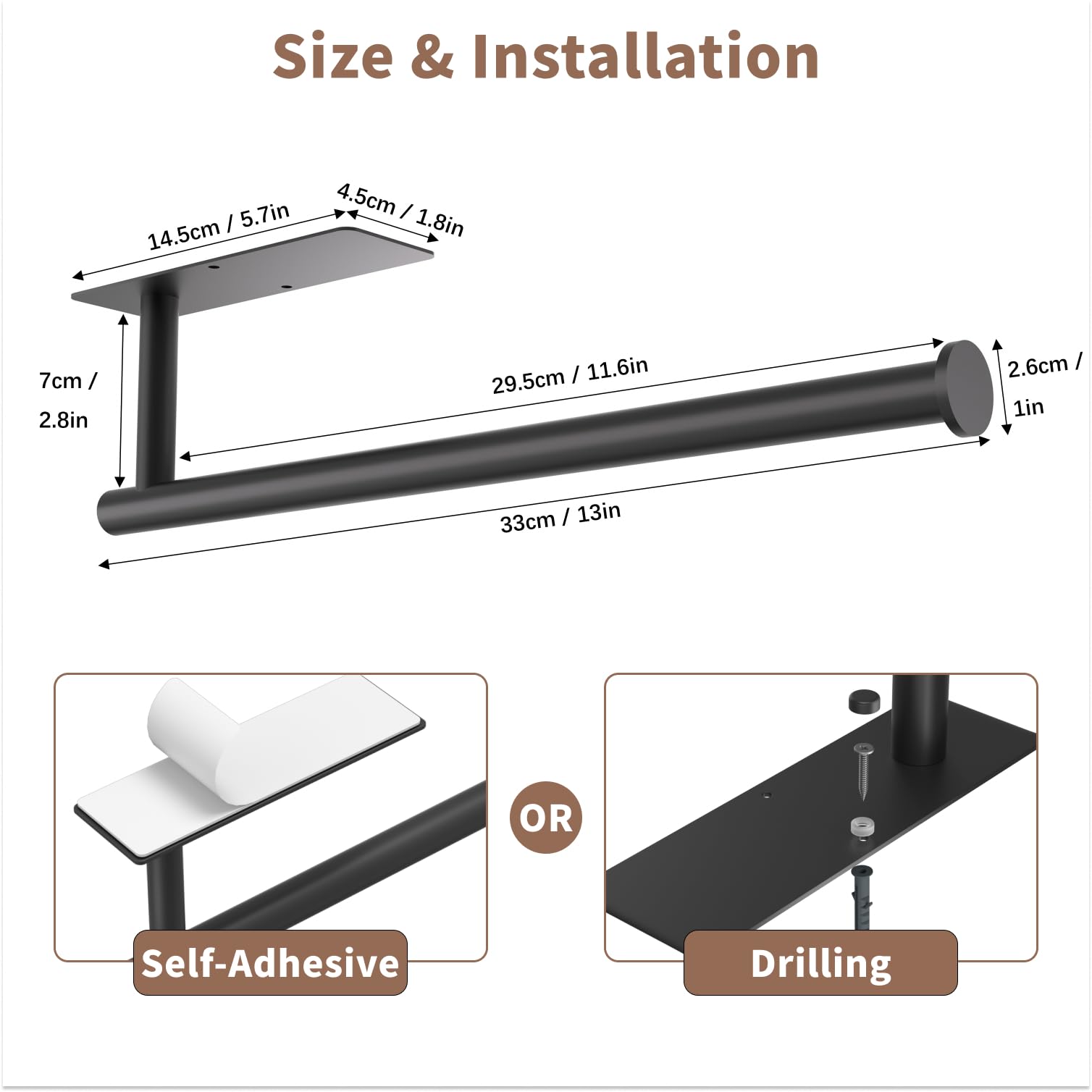 Paper Towel Holder Under Cabinet - 1 Pack Matte Black, Self-Adhesive or Drilling Mount, Sturdy Stainless Steel Space-Saving Rack for Kitchen, Bathroom, RV, Rental-Friendly Design