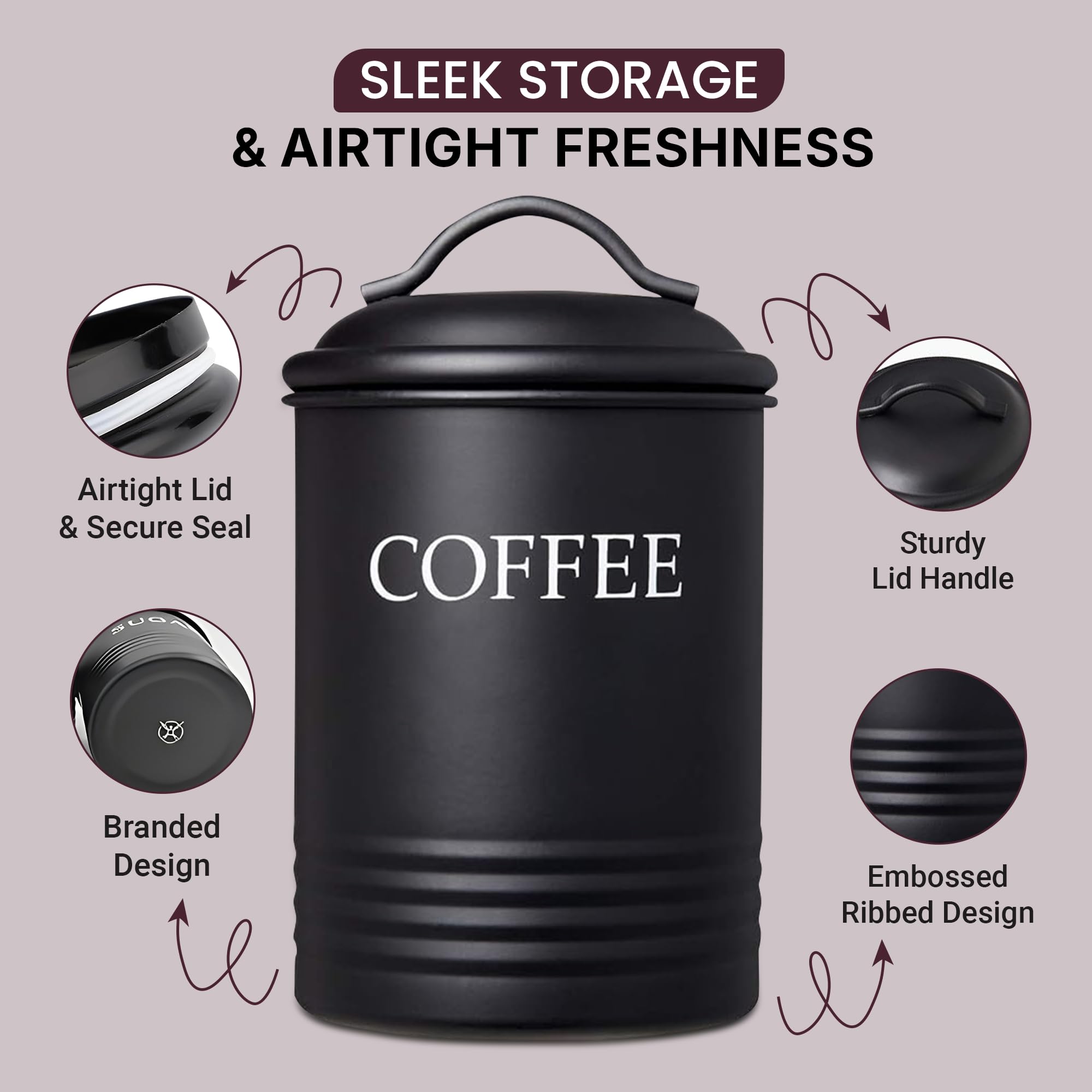 Steelware Central Kitchen Canister Set of 3 Sugar Coffee Tea with lids Food Storage, Black