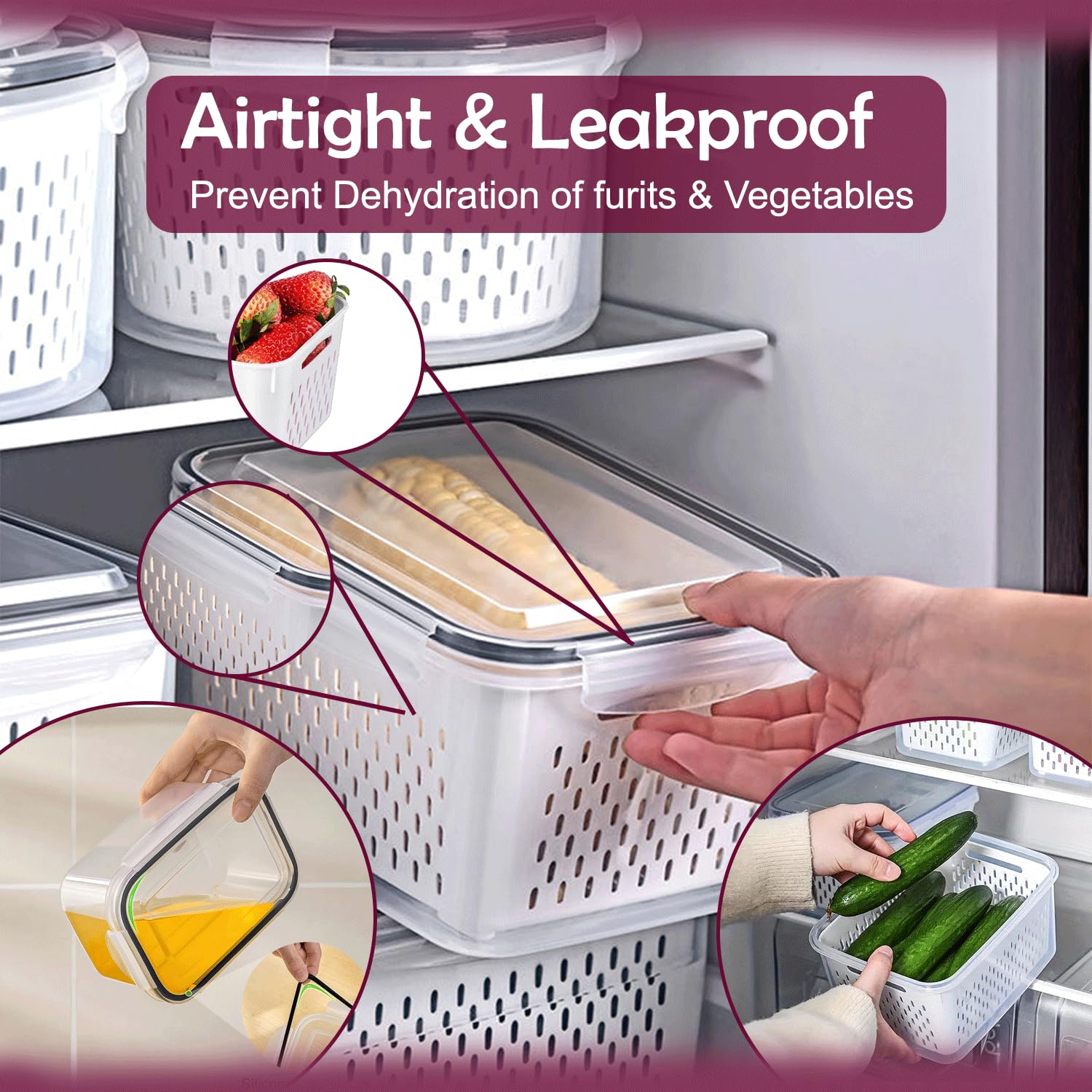 5 PCs Fruit Storage Containers for Fridge, Leakage Proof Fruit Storage Containers with Removable Colanders, Fruit Containers for Fridge with Lid, BPA-Free Produce Containers for Fridge