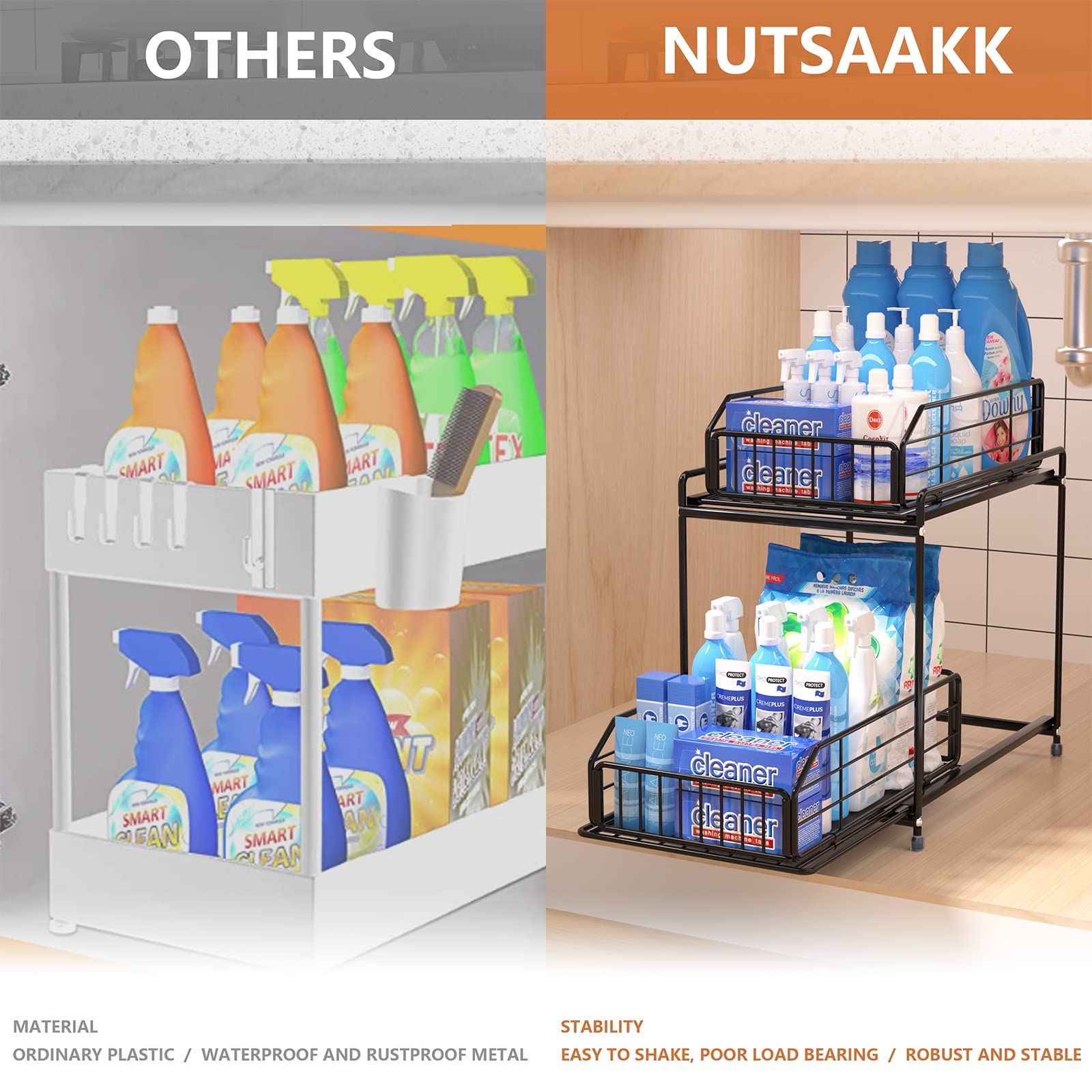 NUTSAAKK Under Sink Organizers and Storage, Kitchen Cabinet Organizer with Sliding Drawer, Upgraded Bathroom Organizer Under Sink, 2 Tier kitchen sink organizer, for Cabinets, Bathroom, Kitchen, Black
