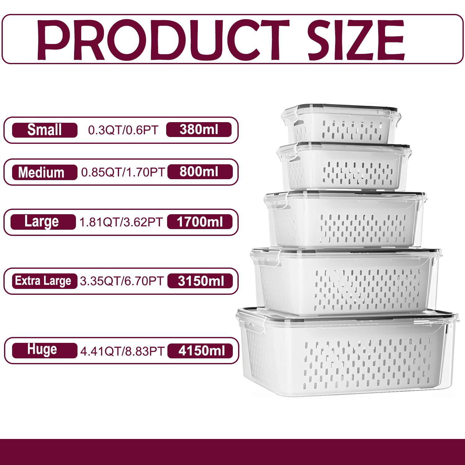 5 PCs Fruit Storage Containers for Fridge, Leakage Proof Fruit Storage Containers with Removable Colanders, Fruit Containers for Fridge with Lid, BPA-Free Produce Containers for Fridge