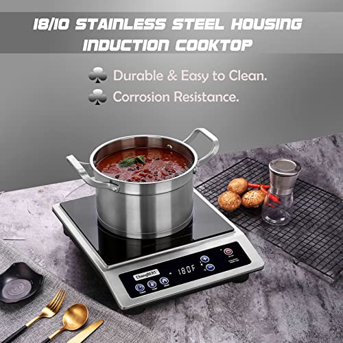 ChangBERT Induction Cooktop, Portable, Large 8” Heating Coil, 18/10 Stainless Steel Commercial-Grade Burner with NSF-certificated, 10-Hour Timer, 1800W Professional Countertop