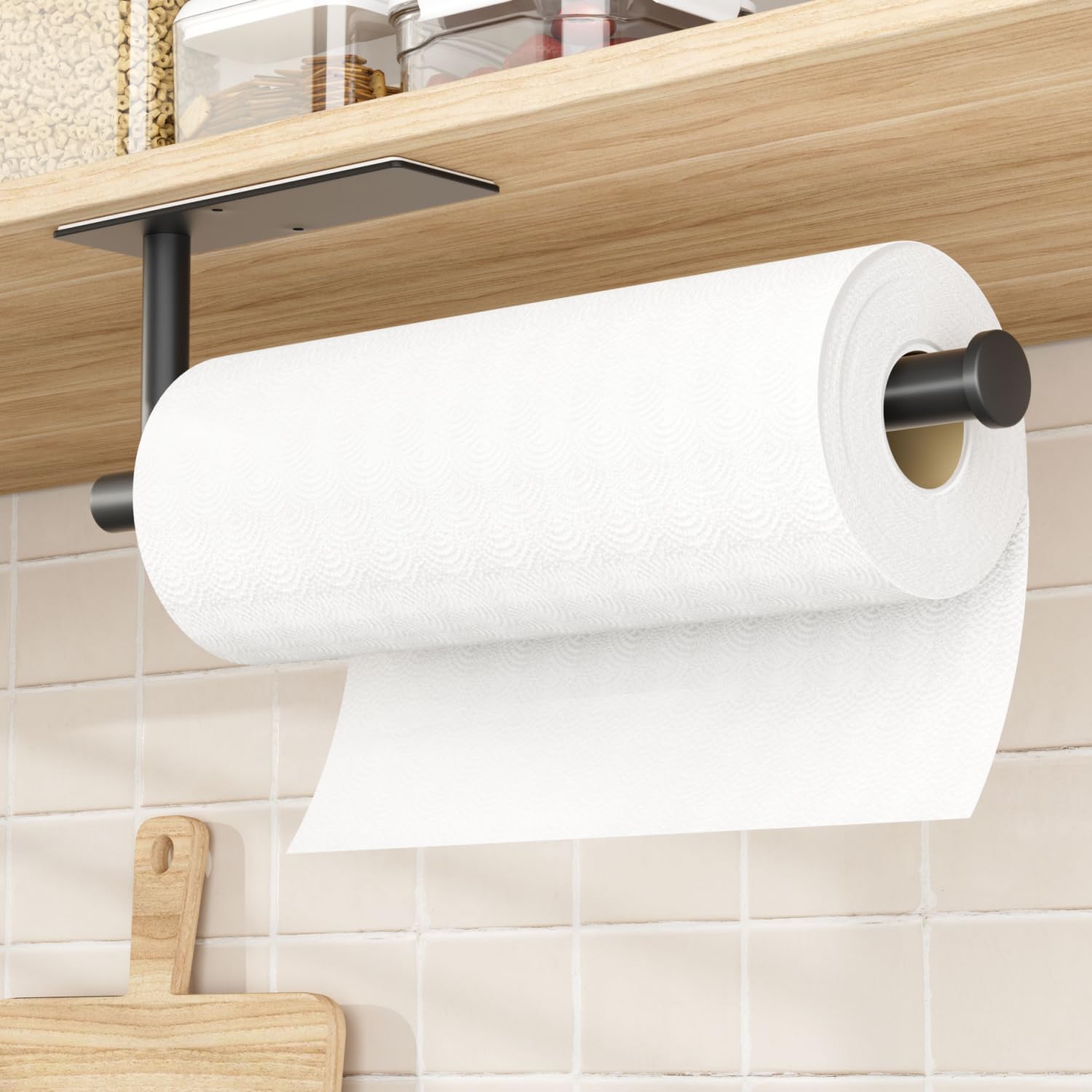 Paper Towel Holder Under Cabinet - 1 Pack Matte Black, Self-Adhesive or Drilling Mount, Sturdy Stainless Steel Space-Saving Rack for Kitchen, Bathroom, RV, Rental-Friendly Design