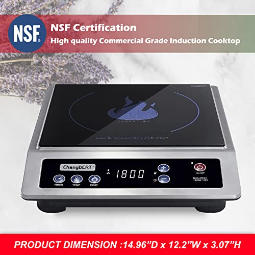 ChangBERT Induction Cooktop, Portable, Large 8” Heating Coil, 18/10 Stainless Steel Commercial-Grade Burner with NSF-certificated, 10-Hour Timer, 1800W Professional Countertop