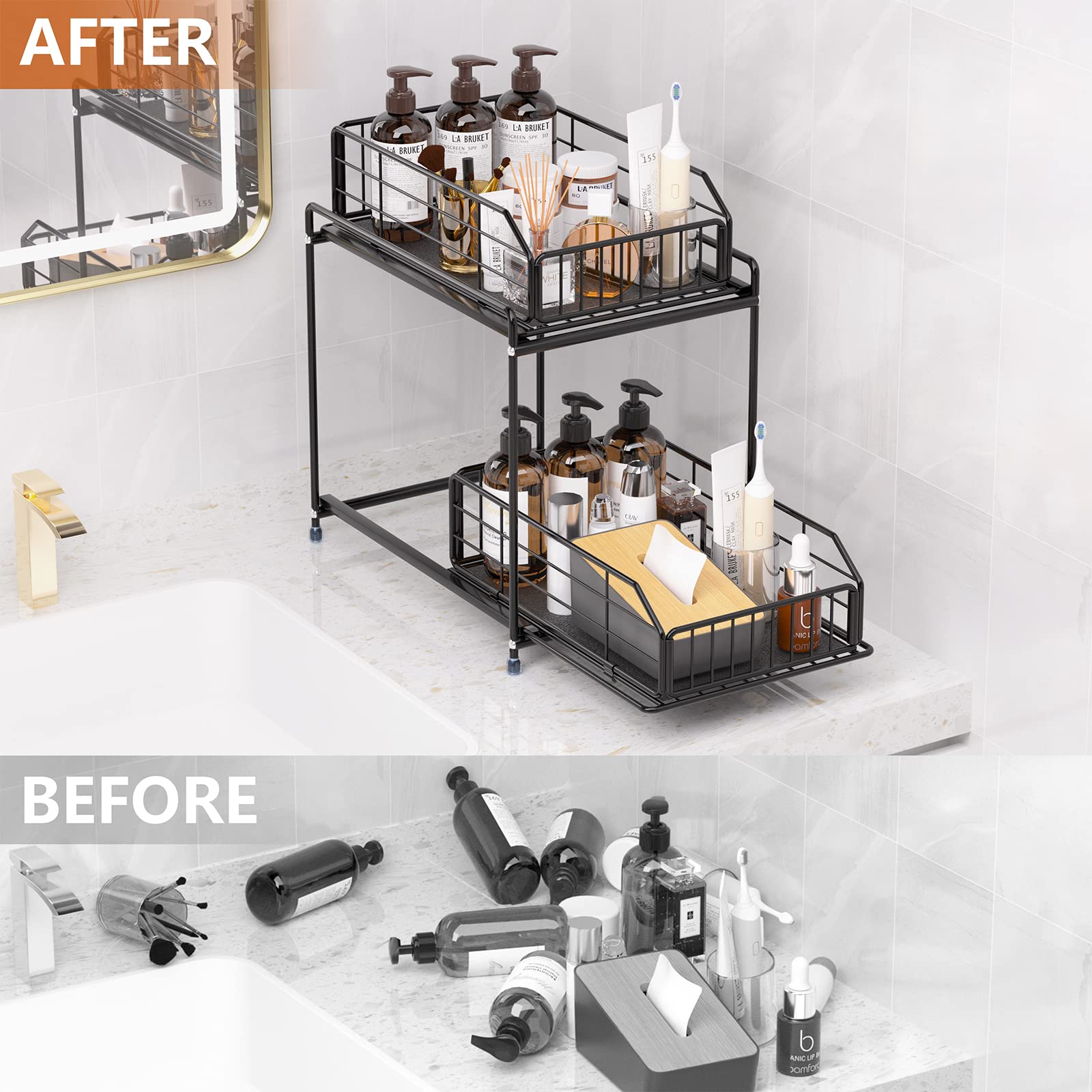 NUTSAAKK Under Sink Organizers and Storage, Kitchen Cabinet Organizer with Sliding Drawer, Upgraded Bathroom Organizer Under Sink, 2 Tier kitchen sink organizer, for Cabinets, Bathroom, Kitchen, Black