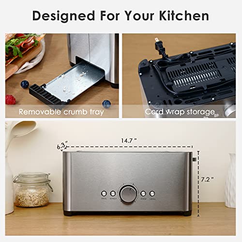 REDMOND Toaster 4 Slice, Stainless Steel Toaster With Bagel, Defrost, Reheat Function, Extra Wide Slots Long Slot Toaster, 6 Bread Shade Settings and Removable Crumb Tray, Silver