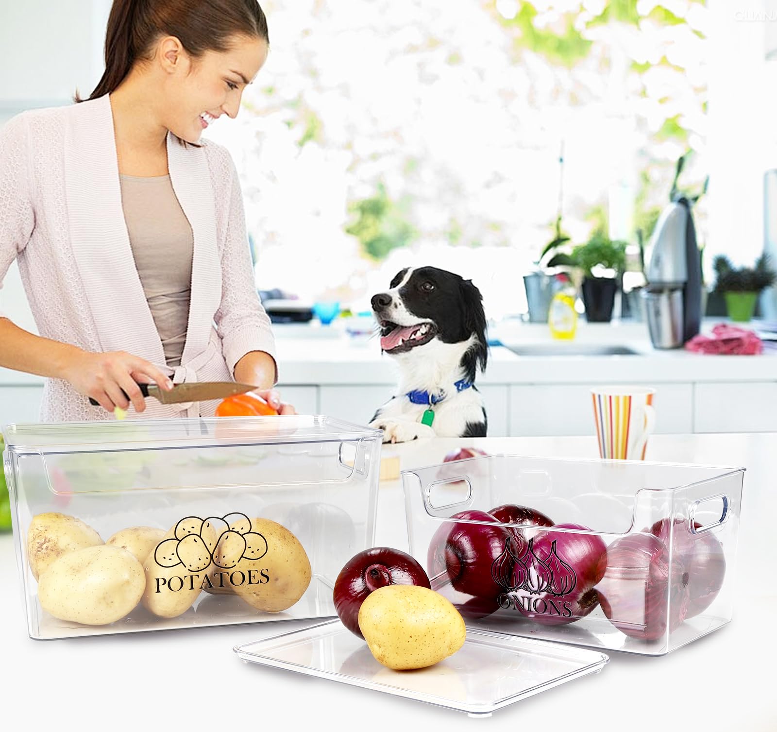 2 Pack Potato and Onion Storage Bins with Lid, Dustproof and Stackable Organizer for Kitchen, Transparent Vegetable Containers, Multi-Functional Pantry and Fridge Baskets,Food Storage Potato Box Clear