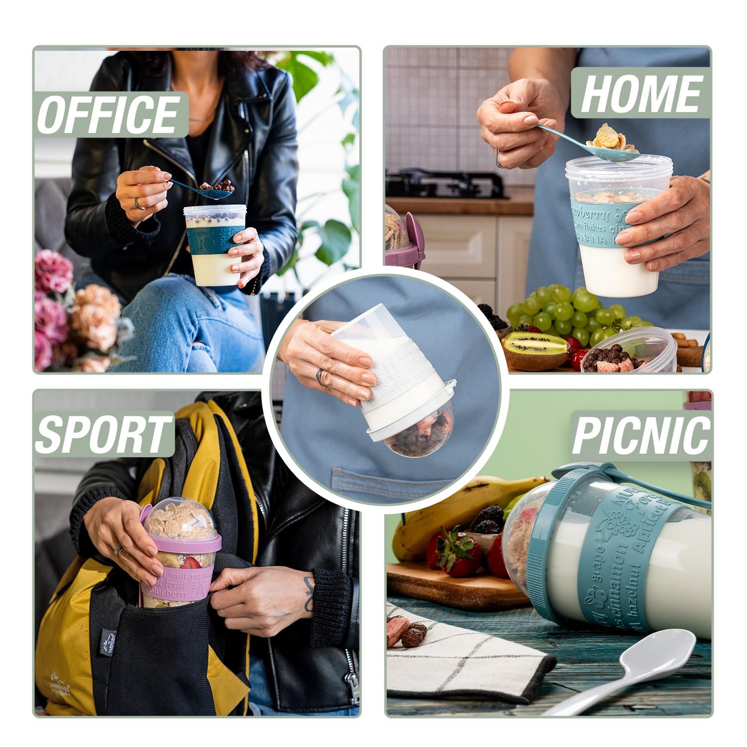 SECEL 4 Pcs Yogurt Parfait Cups Breakfast On The Go Reusable Plastic Containers With Lids And Spoons Take And Go Yogurt Cup With Topping Cereal Or Oatmeal Leak-proof Colorful Bowls