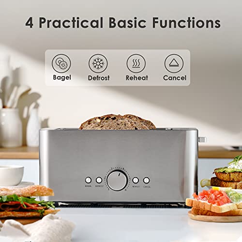 REDMOND Toaster 4 Slice, Stainless Steel Toaster With Bagel, Defrost, Reheat Function, Extra Wide Slots Long Slot Toaster, 6 Bread Shade Settings and Removable Crumb Tray, Silver