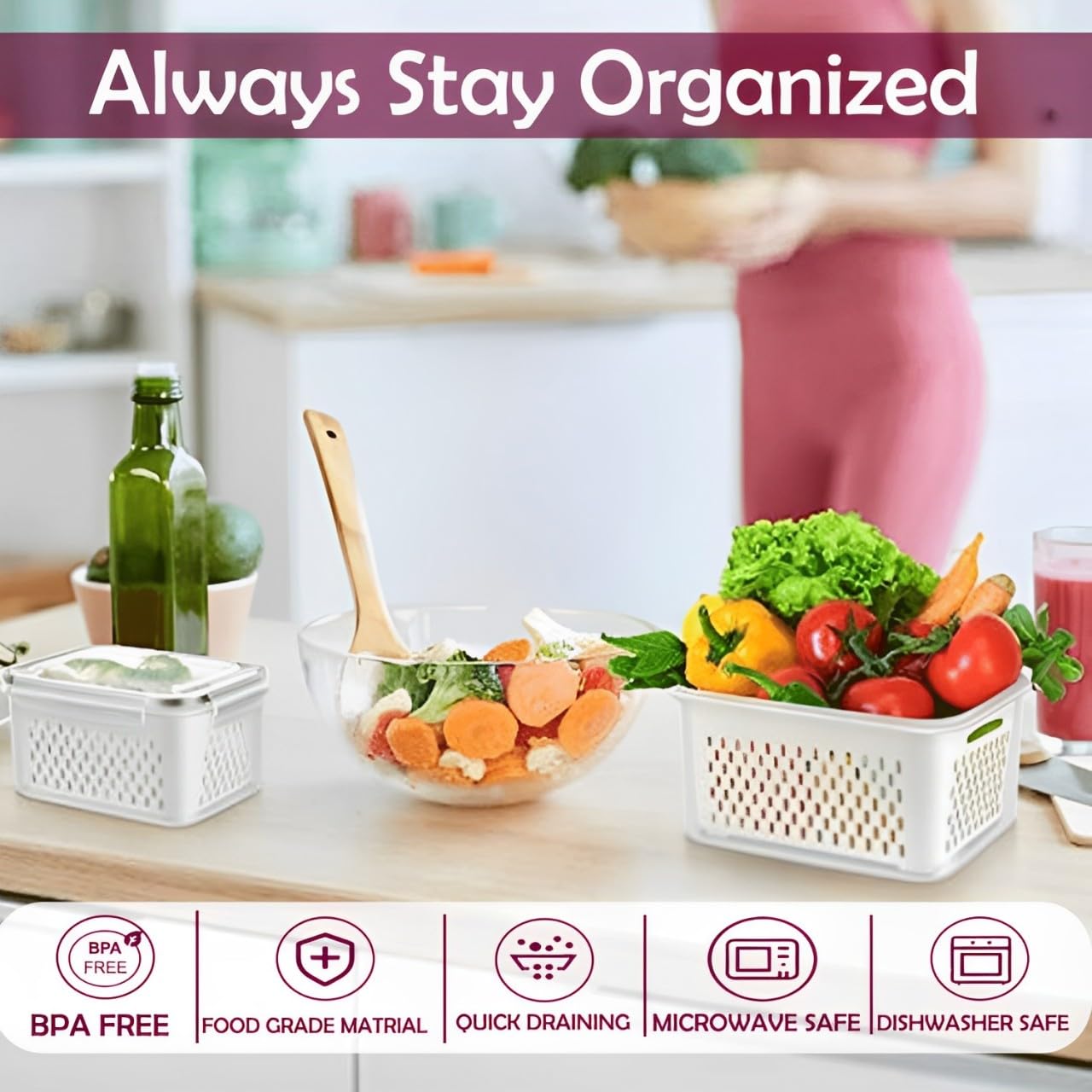 5 PCs Fruit Storage Containers for Fridge, Leakage Proof Fruit Storage Containers with Removable Colanders, Fruit Containers for Fridge with Lid, BPA-Free Produce Containers for Fridge
