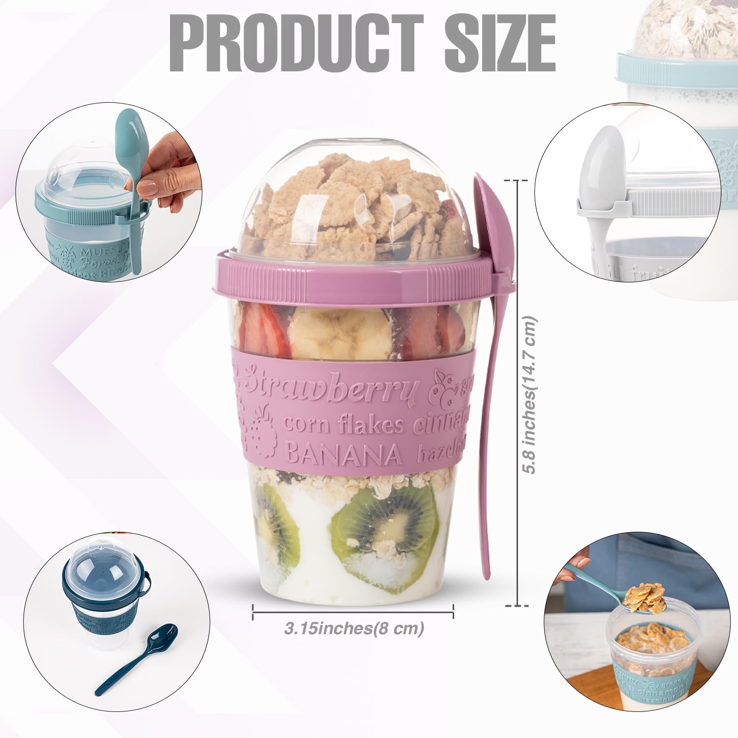 SECEL 4 Pcs Yogurt Parfait Cups Breakfast On The Go Reusable Plastic Containers With Lids And Spoons Take And Go Yogurt Cup With Topping Cereal Or Oatmeal Leak-proof Colorful Bowls