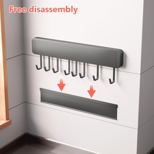Galetcy Kitchen Utensil Hanger - 1 Pcs Wall Mounted Hooks, No Drilling Removable and Adjustable Hooks Kitchen Rail with 8 Hooks for Hanging Cooking Utensils, Mugs, Spoons