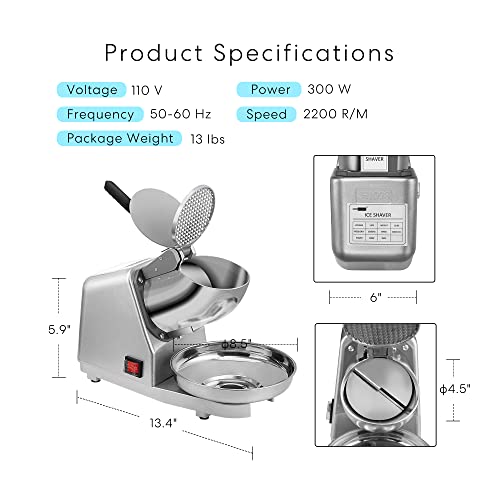 VIVOHOME Electric Dual Blades Ice Crusher Shaver Snow Cone Maker Machine Silver 143lbs/hr with Ice Pick for Home and Commercial Use