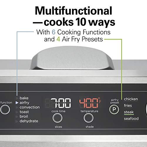 Hamilton Beach Air Fryer Countertop Toaster Oven, Includes Bake, Broil, and Toast, Fits 12” Pizza, 1800 Watts, 10 Cooking Modes + Digital Controls, Black & Stainless Steel