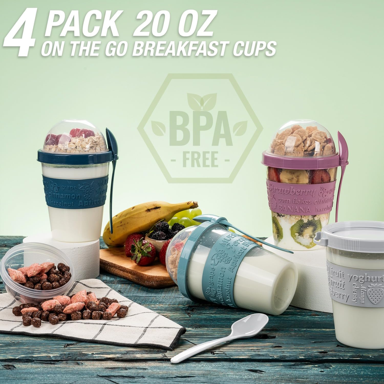 SECEL 4 Pcs Yogurt Parfait Cups Breakfast On The Go Reusable Plastic Containers With Lids And Spoons Take And Go Yogurt Cup With Topping Cereal Or Oatmeal Leak-proof Colorful Bowls