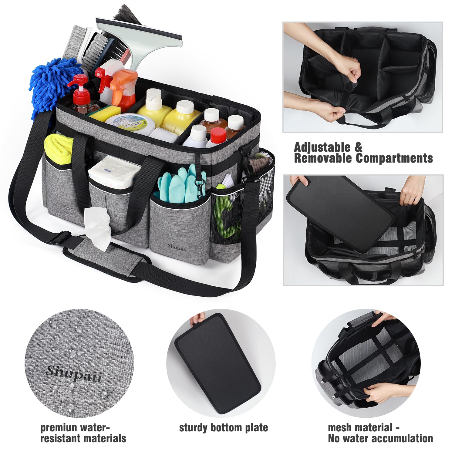 Large Wearable Cleaning Caddy Bag, Cleaning Caddy Supplies Organizer with Handles for Cleaners & Housekeeper, Under Sink & Car Cleaning Tool Organizers Bag with Adjustable Shoulder Strap&Waist Belt