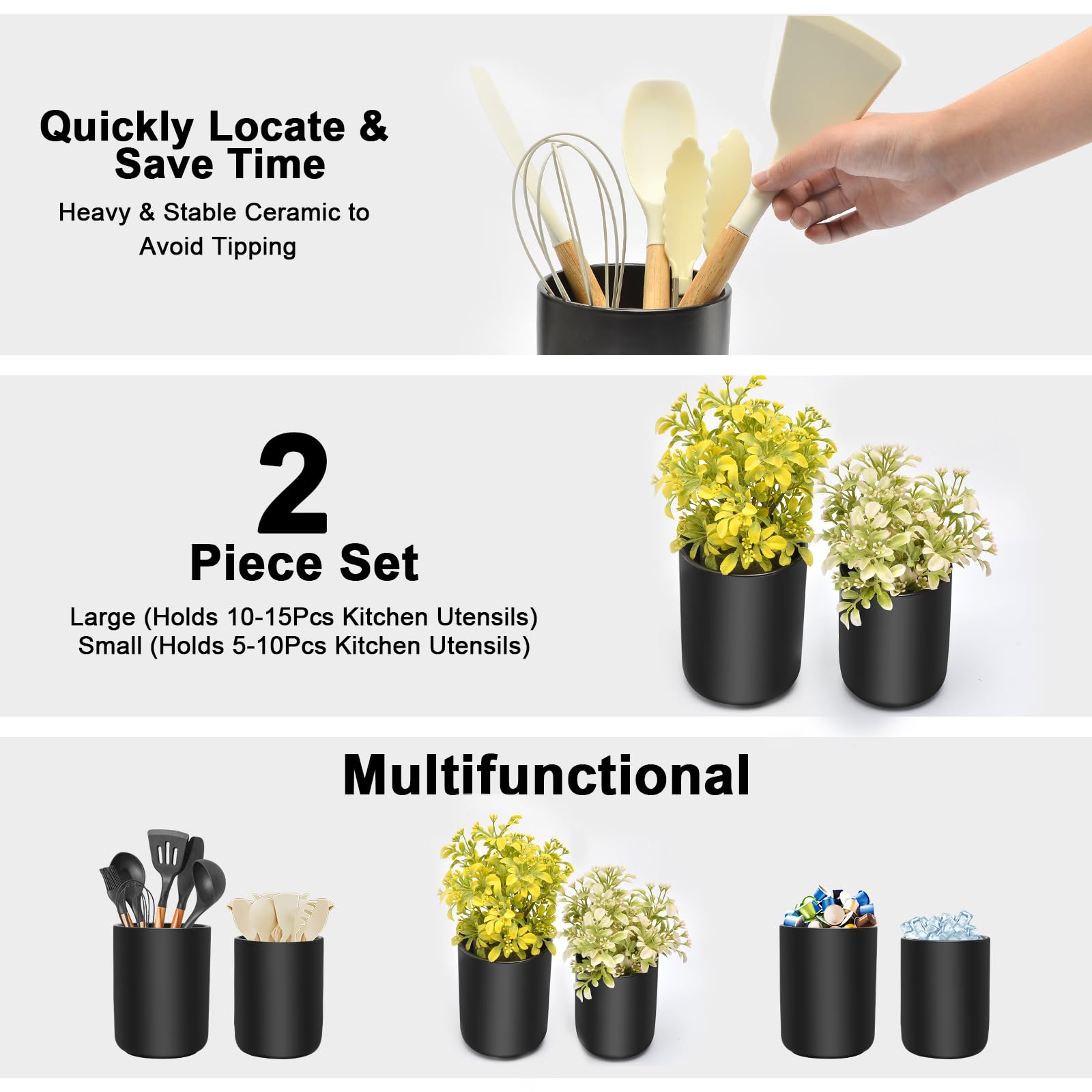YKDGBRE Ceramic Utensil Holder for Kitchen Counter, Black Kitchen Utensil Holder for Countertop, 2 Pcs Cooking Utensil Crocks for Spatula, Spoon, Forks, Plant