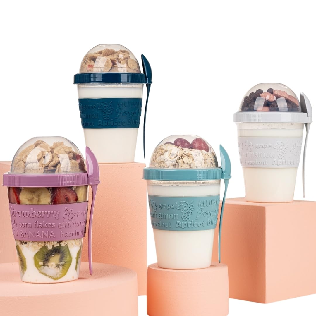 SECEL 4 Pcs Yogurt Parfait Cups Breakfast On The Go Reusable Plastic Containers With Lids And Spoons Take And Go Yogurt Cup With Topping Cereal Or Oatmeal Leak-proof Colorful Bowls