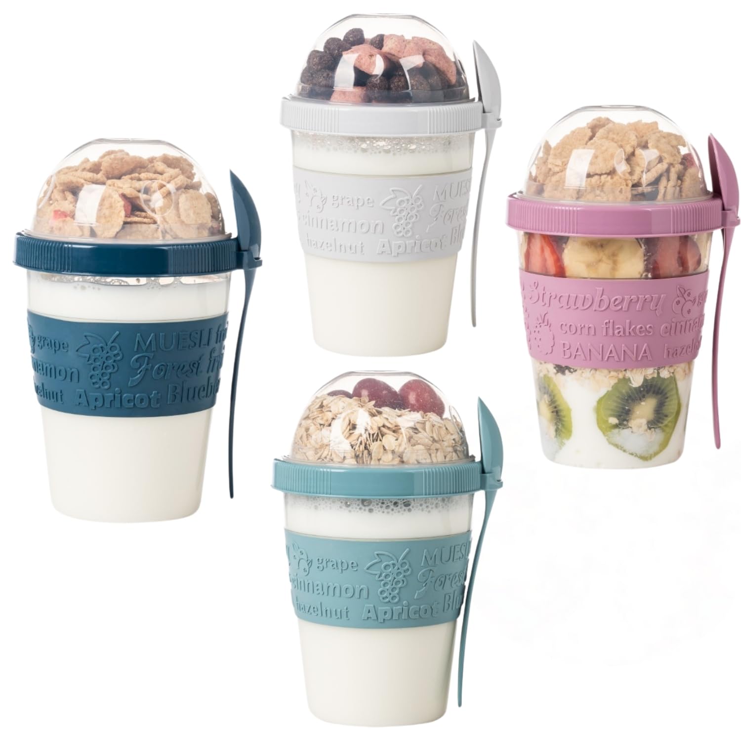 SECEL 4 Pcs Yogurt Parfait Cups Breakfast On The Go Reusable Plastic Containers With Lids And Spoons Take And Go Yogurt Cup With Topping Cereal Or Oatmeal Leak-proof Colorful Bowls
