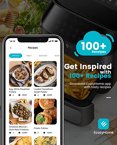 ecozy Air Fryer 6 Quart with See-Through Window Smart WiFi (100 Recipes), 11 Presets+ One-Touch Recipe Function, Dishwasher Safe, Black