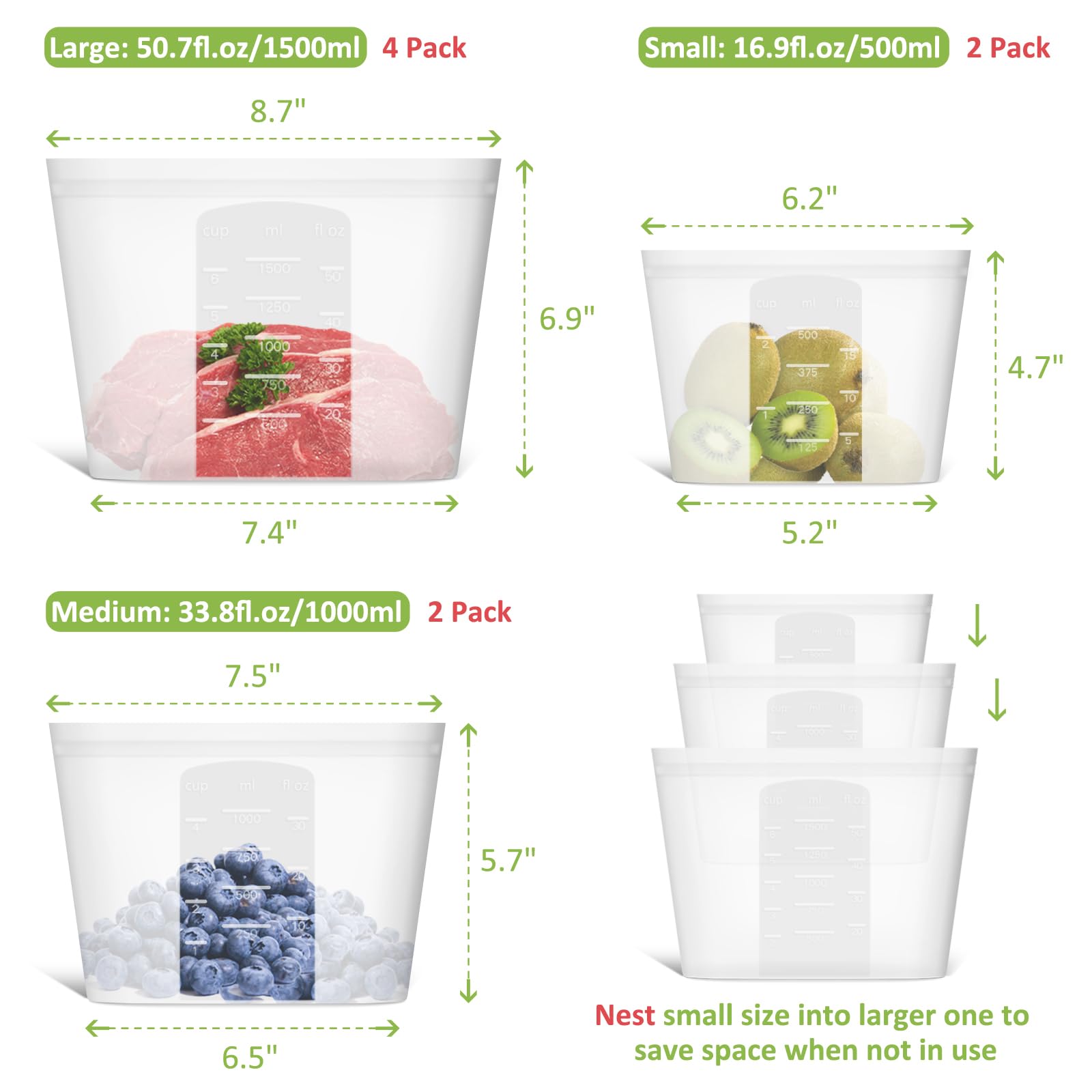 Annaklin Reusable Storage Bag, 8 Pack 100% Silicone Food Storage Bags Stand Up Silicone Zip Lock Bags for Food Container, Freezer Microwave Oven Dishwasher Safe, 4 Large 2 Medium 2 Small, Translucent