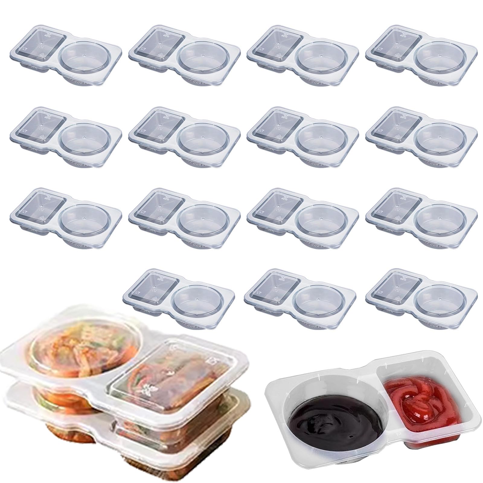 cheshjulv 15 PCS Double Compartment Condiment Containers with Lids - Portable and Reusable Snack Containers for Keeping Your Sauces Fresh and Organized