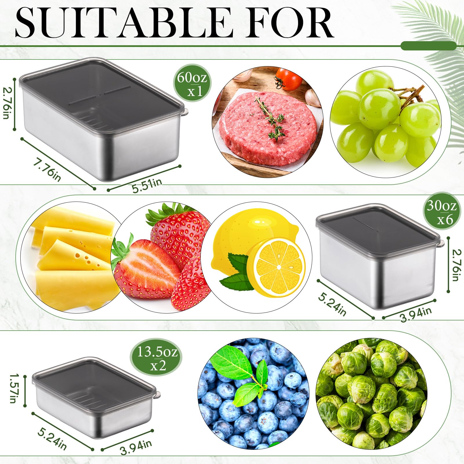 Hushee 13 Pack Stainless Steel Food Storage Containers 30,60,120,13.5 oz Airtight Stackable Fridge Organizer Bins with Lids Food Packing Box for Bacon Cheese Meat Fruit Vegetable Storage