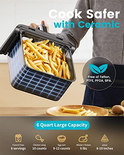 ecozy Air Fryer 6 Quart with See-Through Window Smart WiFi (100 Recipes), 11 Presets+ One-Touch Recipe Function, Dishwasher Safe, Black