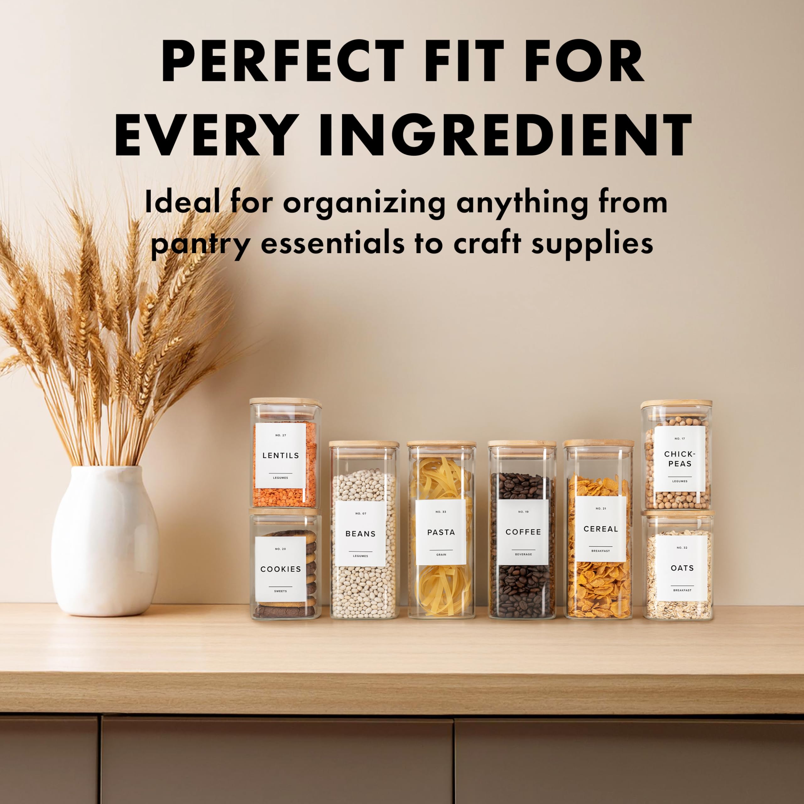 Square Glass Storage Containers with Bamboo Lids 12-Pack (4x 30 oz, 8x 17 oz) Airtight Storage Jars with Lids for Food, Stackable Kitchen Canisters with 114 Labels for Pantry [Thicker Glass 3mm]