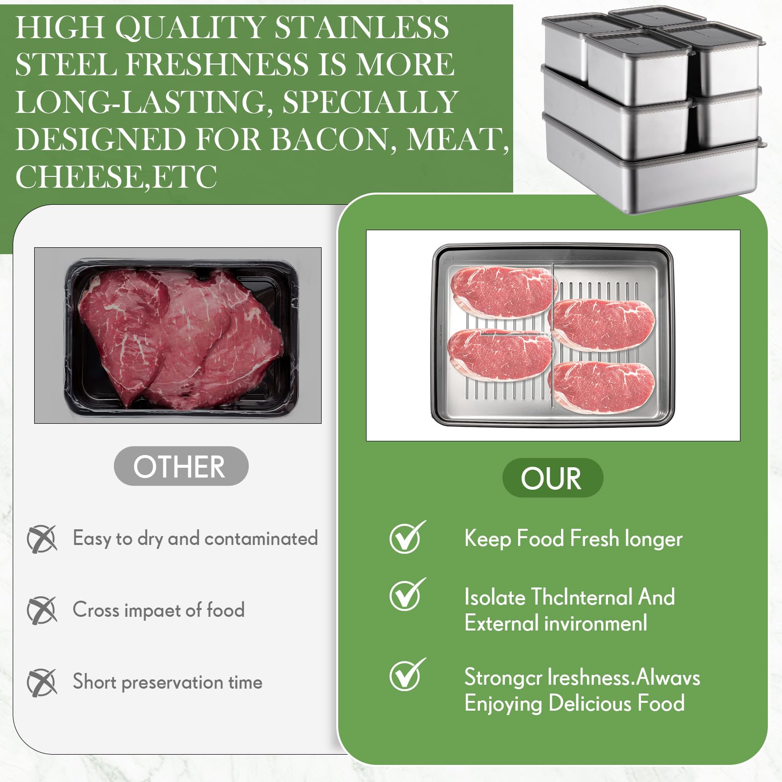 Hushee 13 Pack Stainless Steel Food Storage Containers 30,60,120,13.5 oz Airtight Stackable Fridge Organizer Bins with Lids Food Packing Box for Bacon Cheese Meat Fruit Vegetable Storage