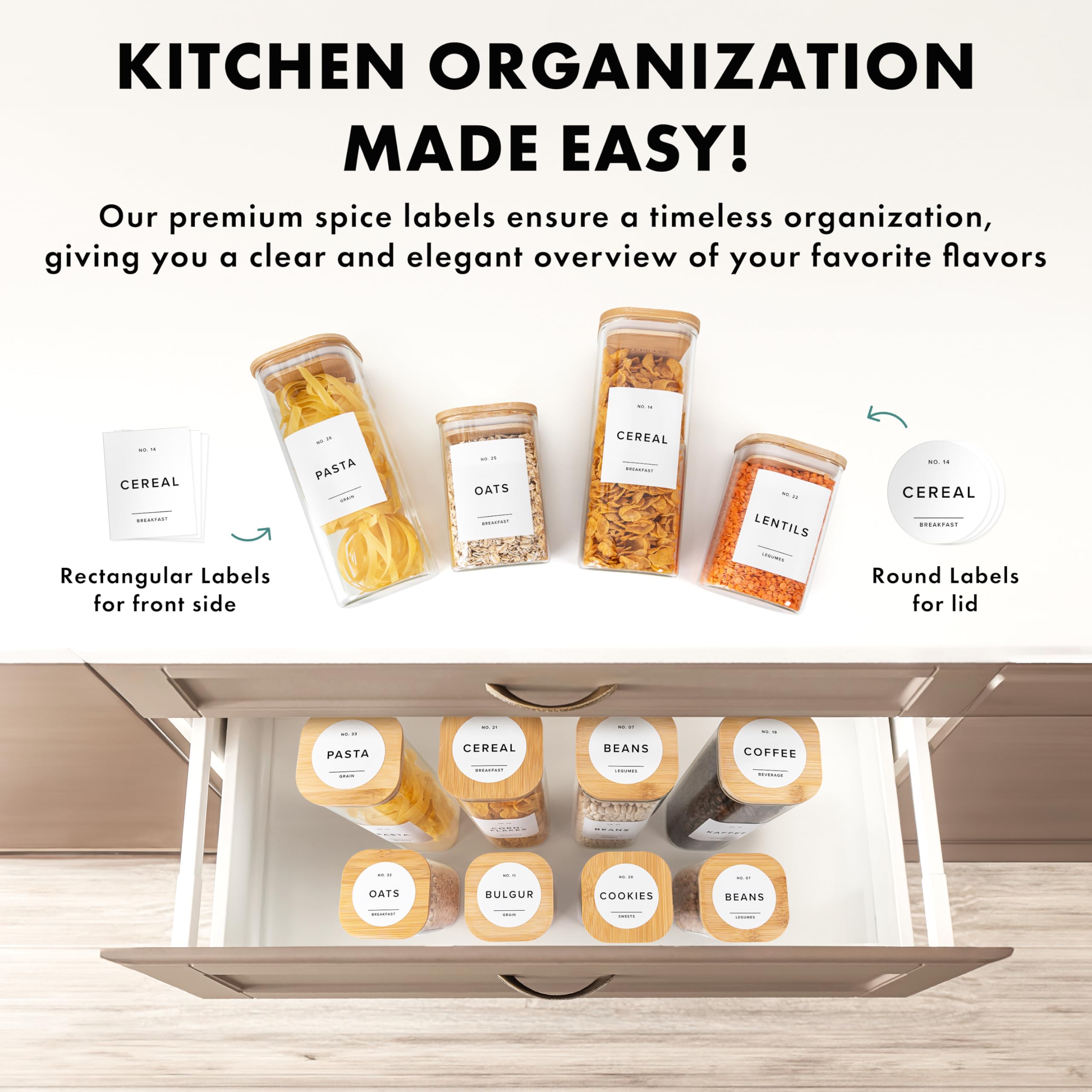 Square Glass Storage Containers with Bamboo Lids 12-Pack (4x 30 oz, 8x 17 oz) Airtight Storage Jars with Lids for Food, Stackable Kitchen Canisters with 114 Labels for Pantry [Thicker Glass 3mm]