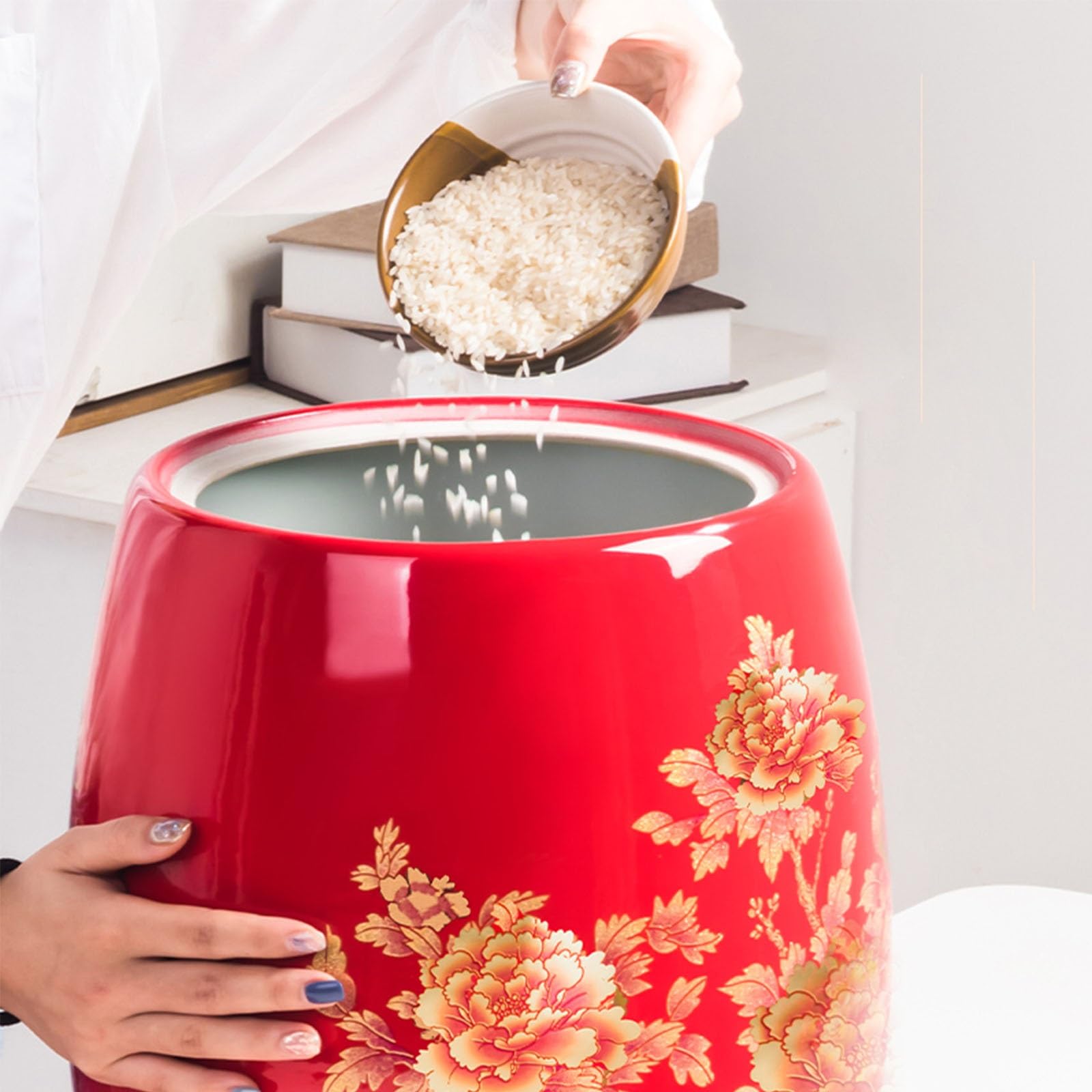 Classic Home Food Storage Porcelain Bottle Kitchen Sealed Jar With Lid Ceramic Rice Containe Ceramic Rice Cylinder With Lid Rice Storage Bins Ceramic Rice Bucket Rice Storage Box For Rice, Flour,Food(