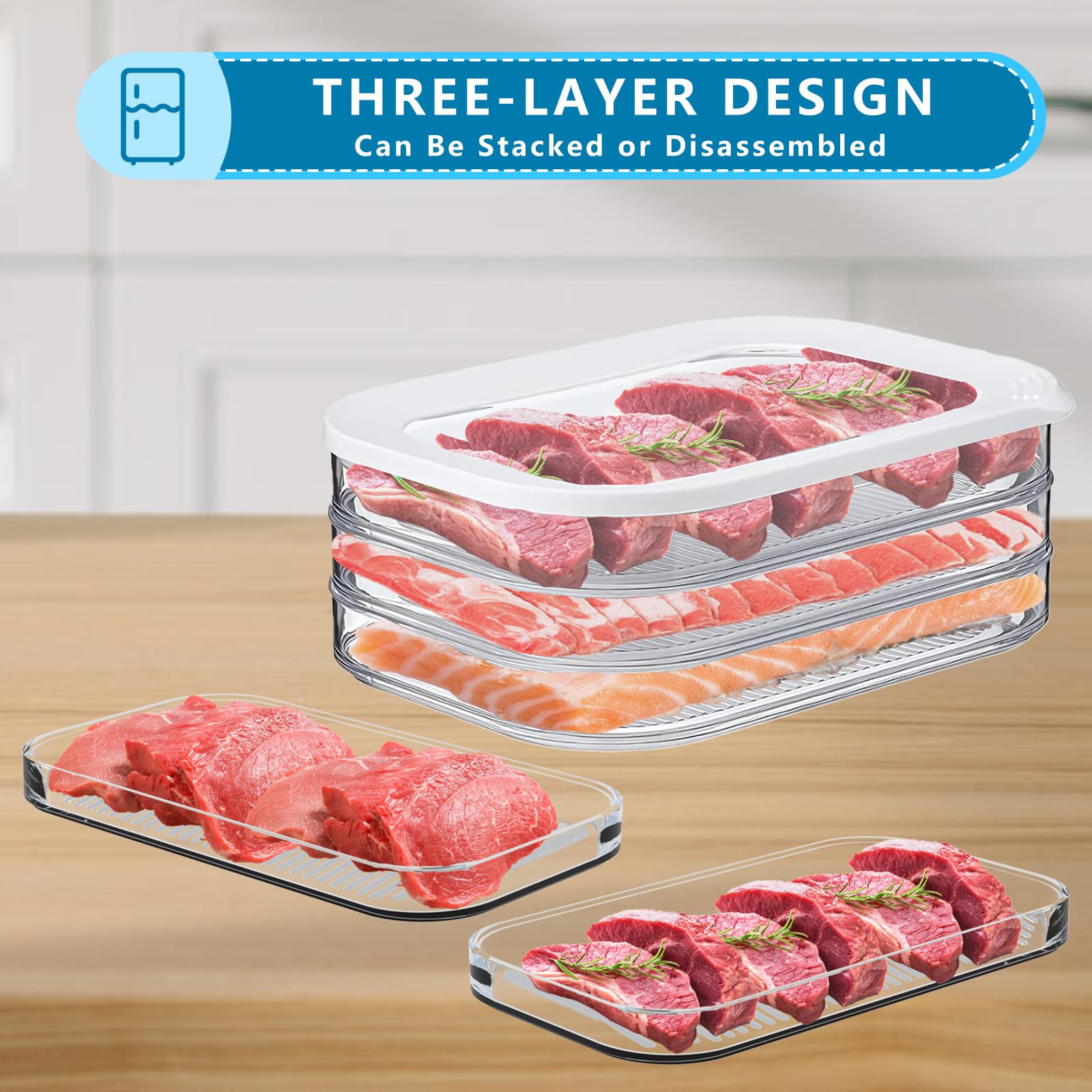 RKXQT Lunchmeat Storage Container for Fridge, Transparent Deli Lunch Meat Container for Refrigerator, Deli Container with Lid for Bacon, Lunch Meat, Stackable Cold Cuts, Vegetable and Cheese, 3pcs.