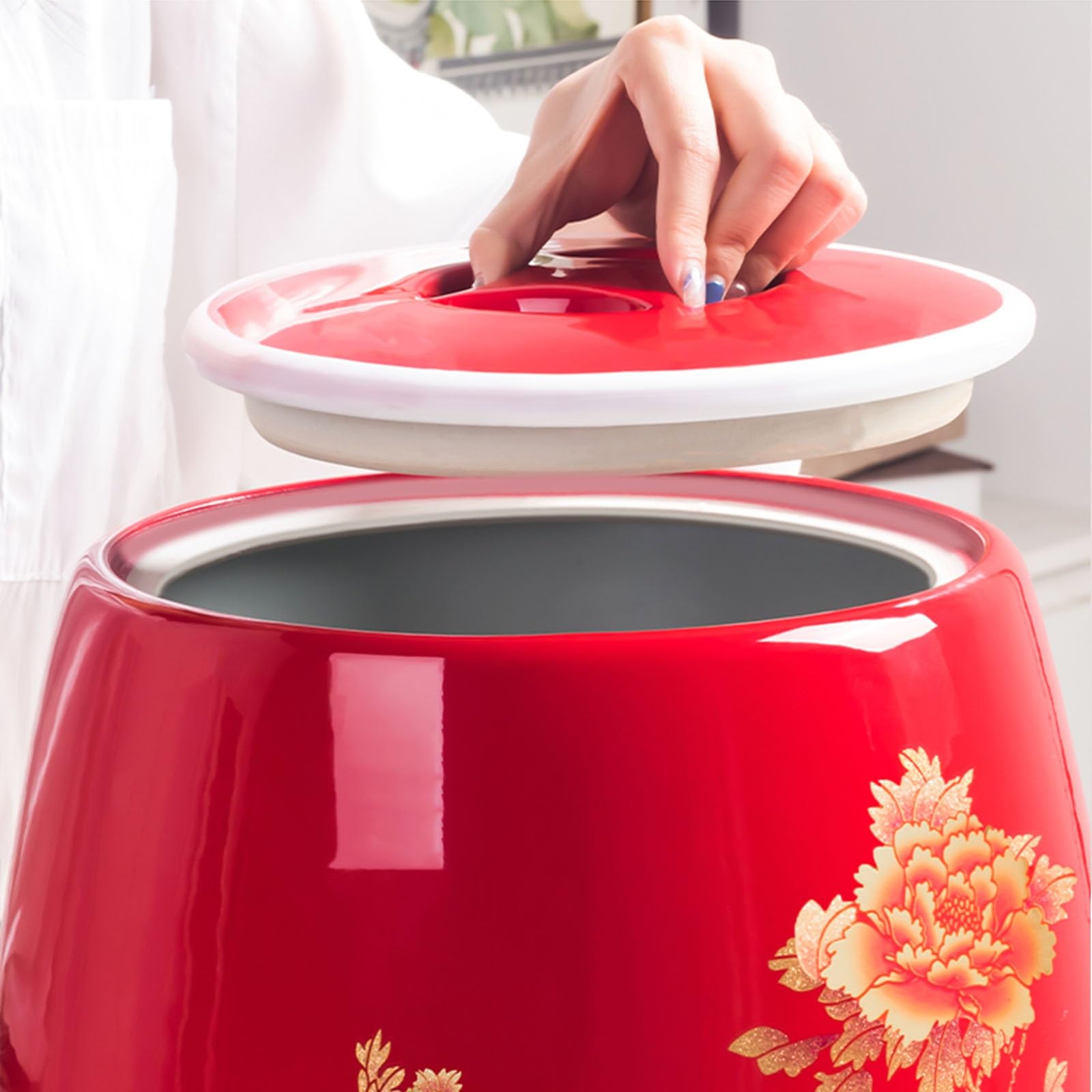 Classic Home Food Storage Porcelain Bottle Kitchen Sealed Jar With Lid Ceramic Rice Containe Ceramic Rice Cylinder With Lid Rice Storage Bins Ceramic Rice Bucket Rice Storage Box For Rice, Flour,Food(